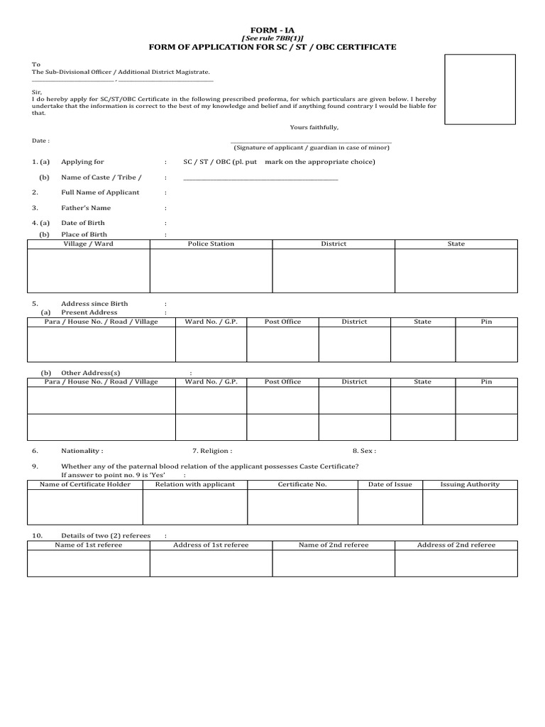 FORM_OF_APPLICATION_FOR_SC_ST_OBC CERTIFICATE_English | PDF