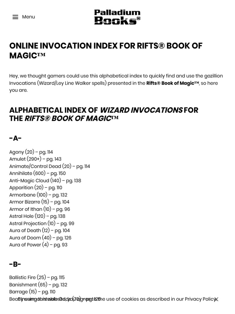 Online Invocation Index For Rifts® Book of Magic™ | PDF