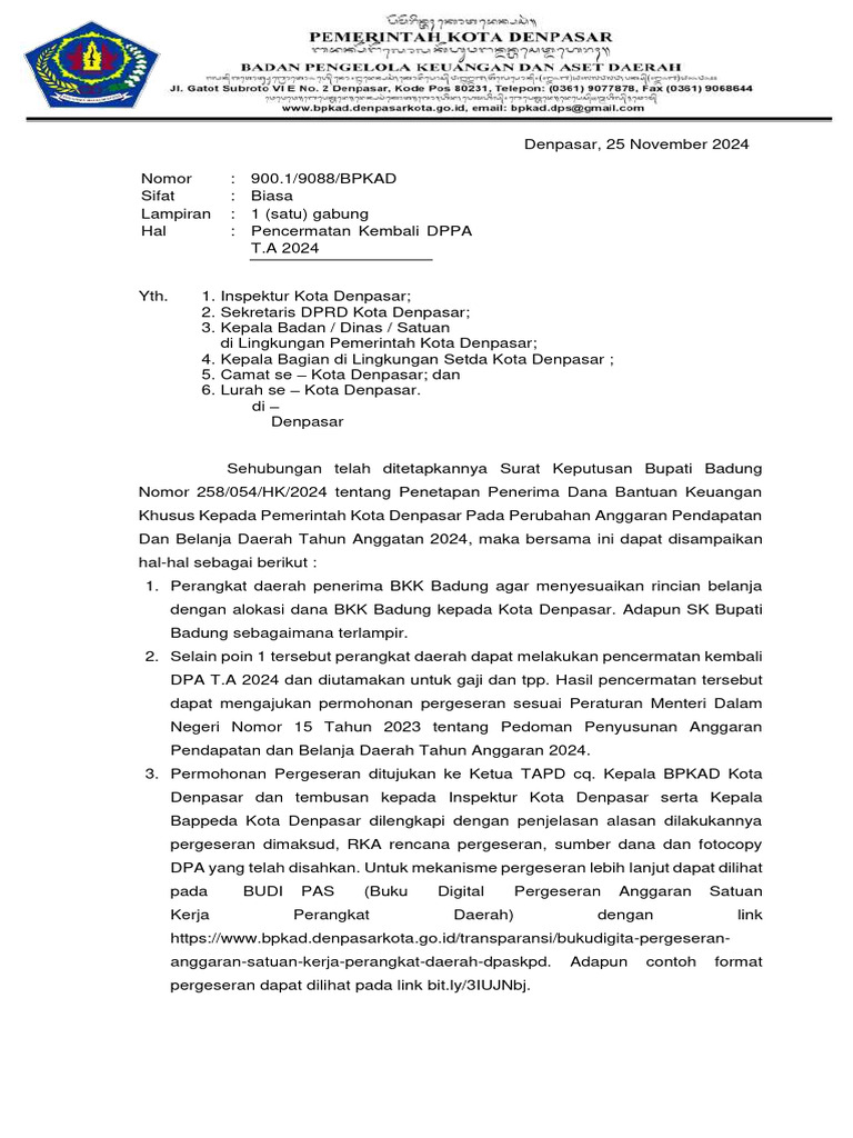 Surat Pencermatan Pergeseran DPPA 2024 Tte | PDF