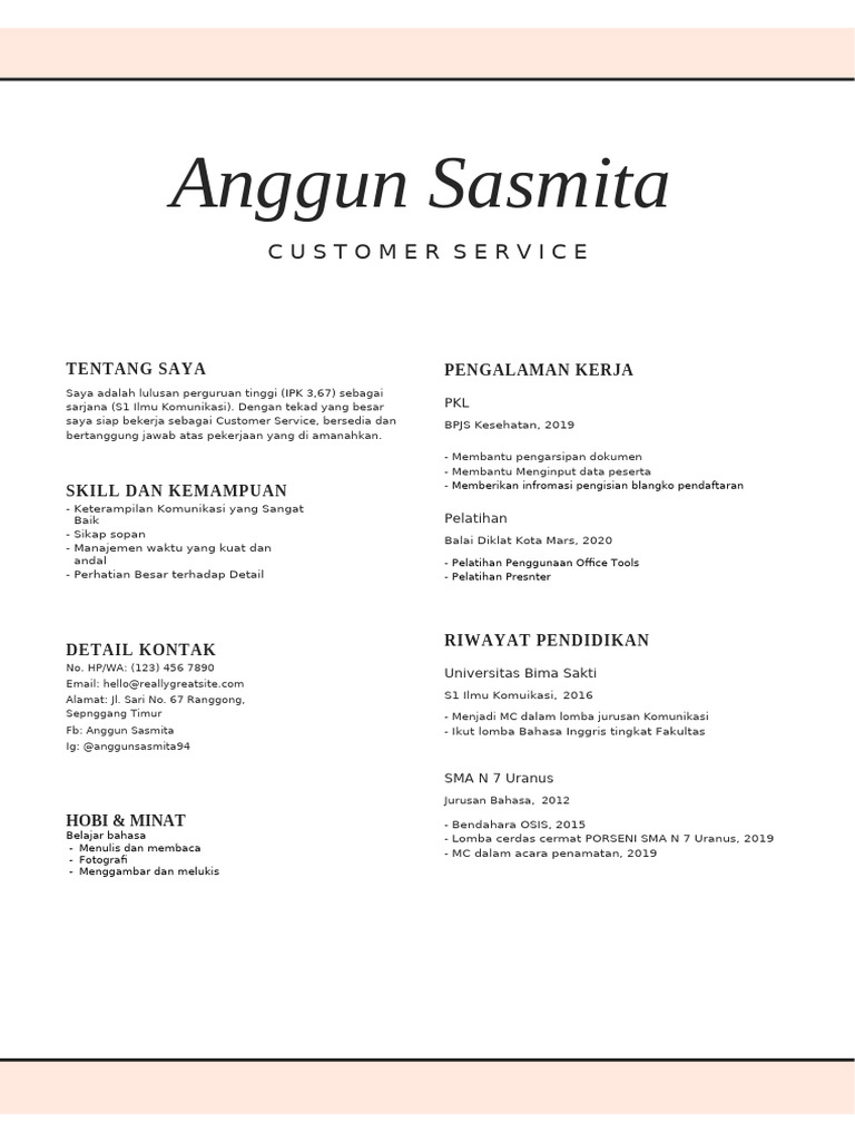 Contoh CV Untuk Customer Service Design Sederhana Fresh Graduate | PDF