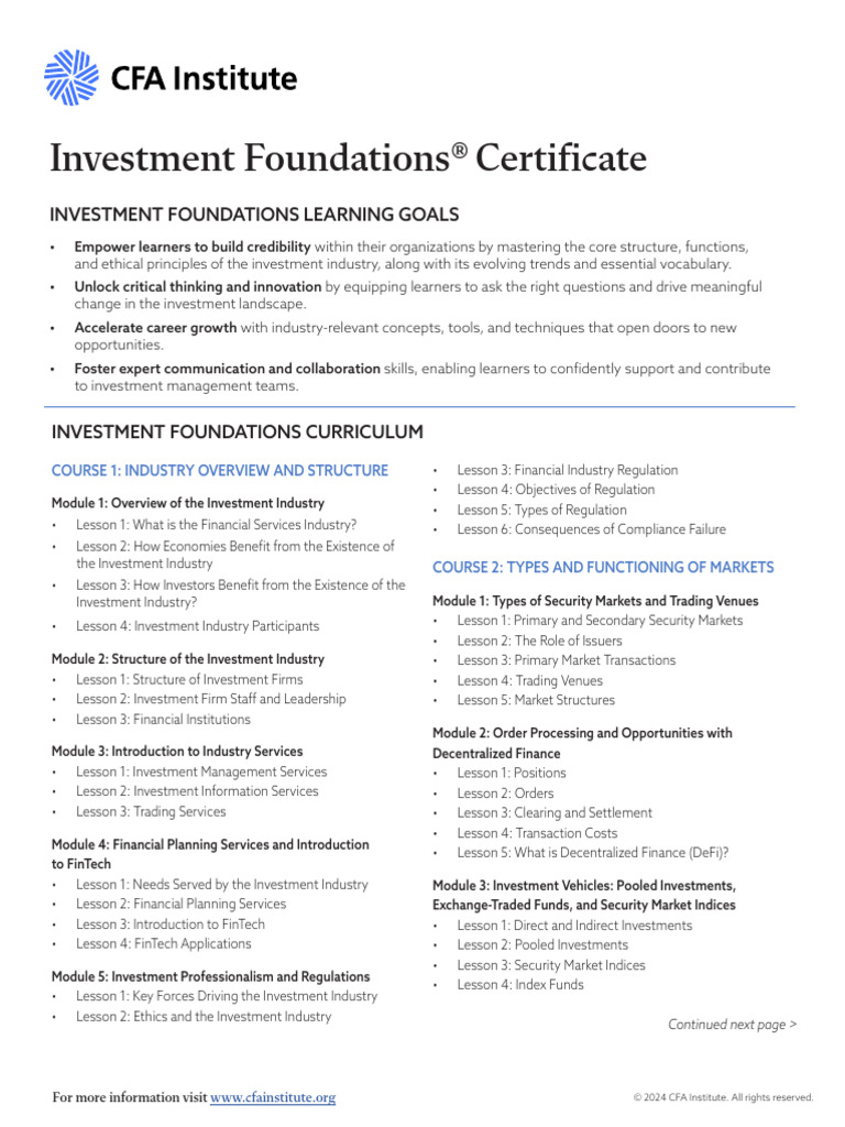 Investment Foundations Learning Goals and Topics | PDF | Investing ...