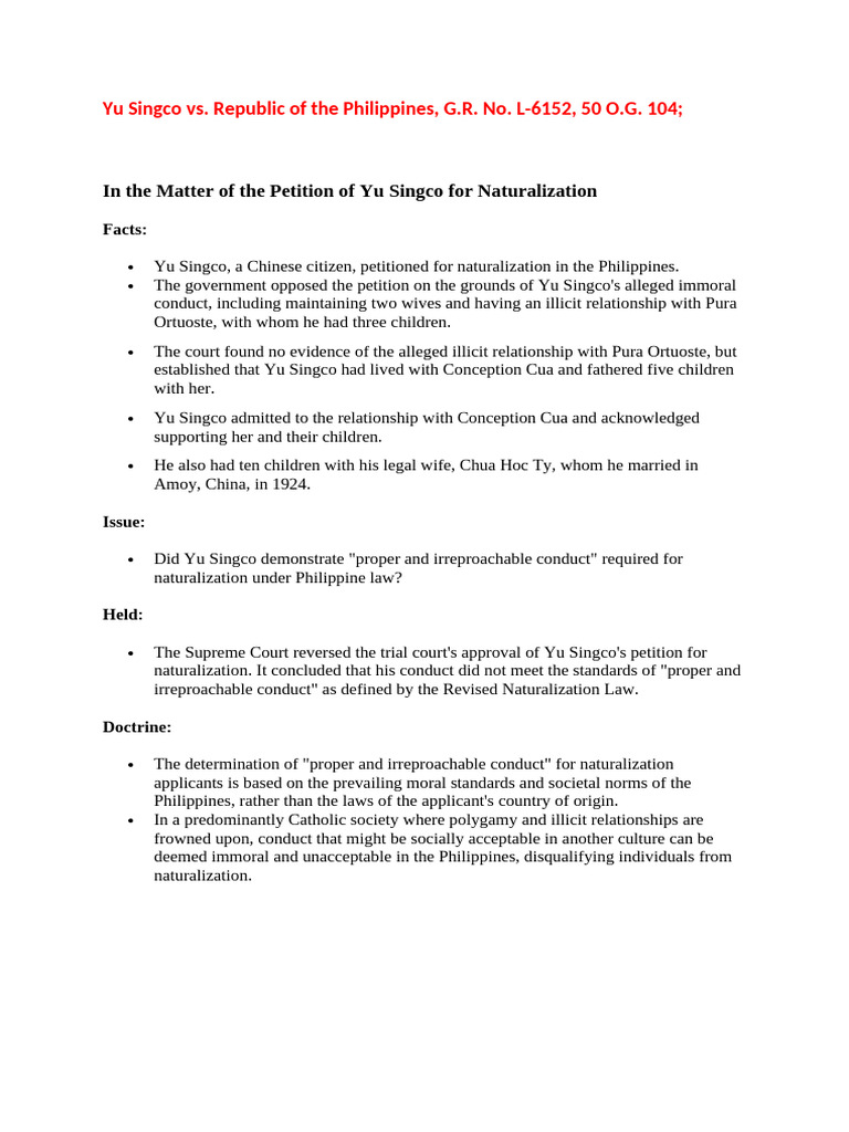 Yu Singco vs. Republic of The Philippines G.R. No. L 6152 50 O.G. 104 ...
