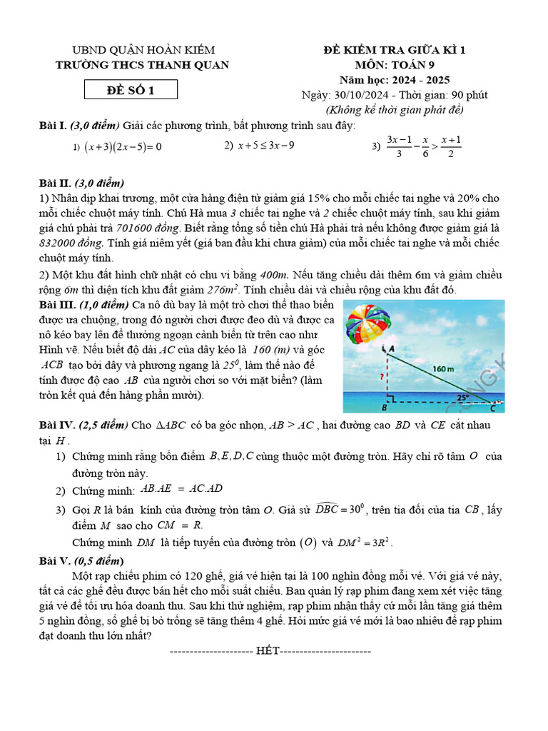 De Giua Hoc Ki 1 Toan 9 Nam 2024 2025 Truong Thcs Thanh Quan Ha Noi | PDF