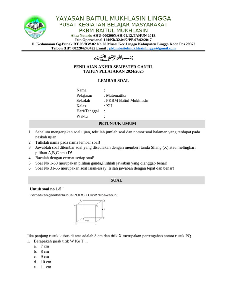 Soal Pas MTK Ganjil Kelas Xii Sma 24-25 | PDF