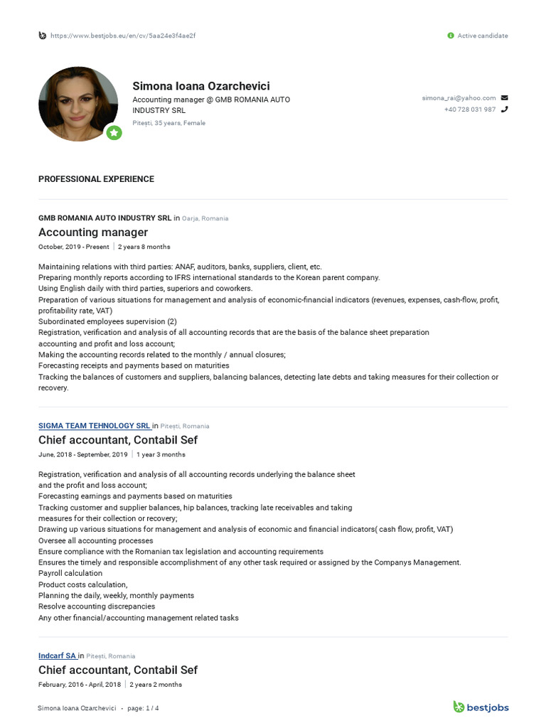 CV Ozarchevici Simona en | PDF | Accounting | Business
