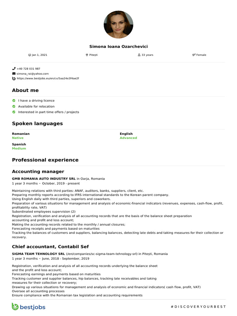 CV_Ozarchevici_Simona_Ioana_en | PDF | Accounting | Economies