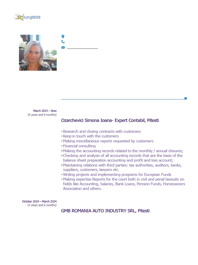 CV Simona Ozarchevici Chartered Accountant Europass | PDF | Accounting ...