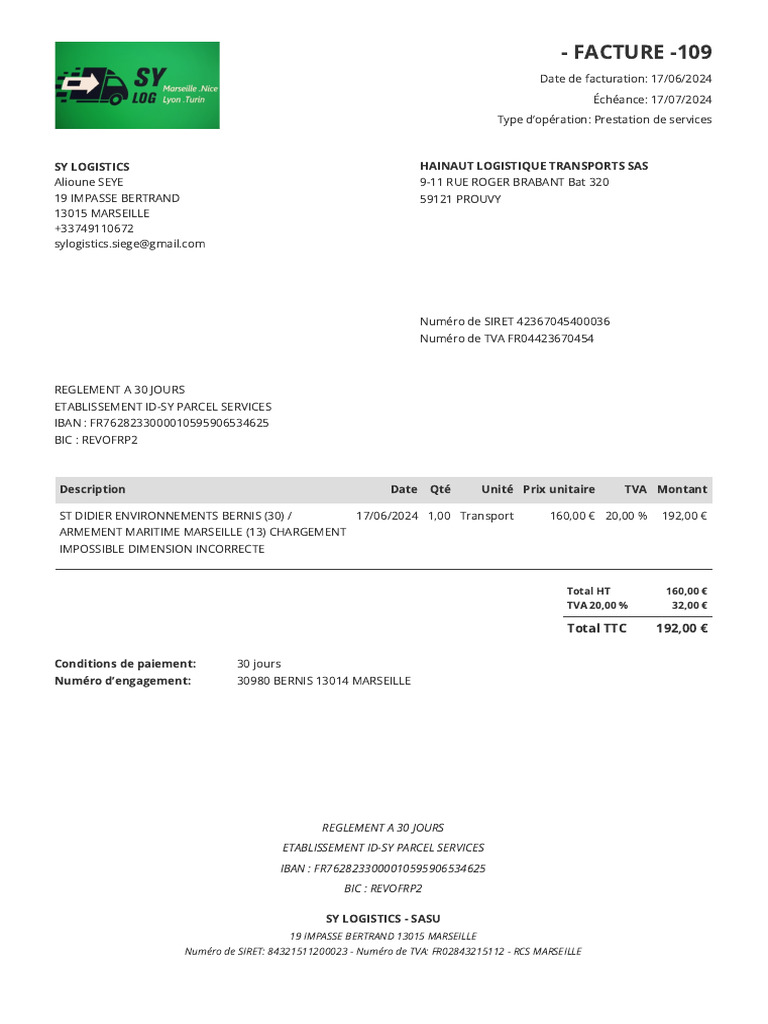 Facture de Transport SY Logistics | PDF