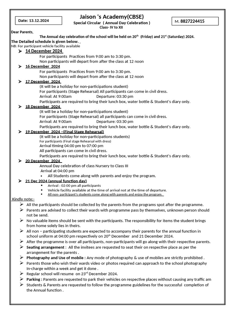 Class 4th To 12th Circular | PDF