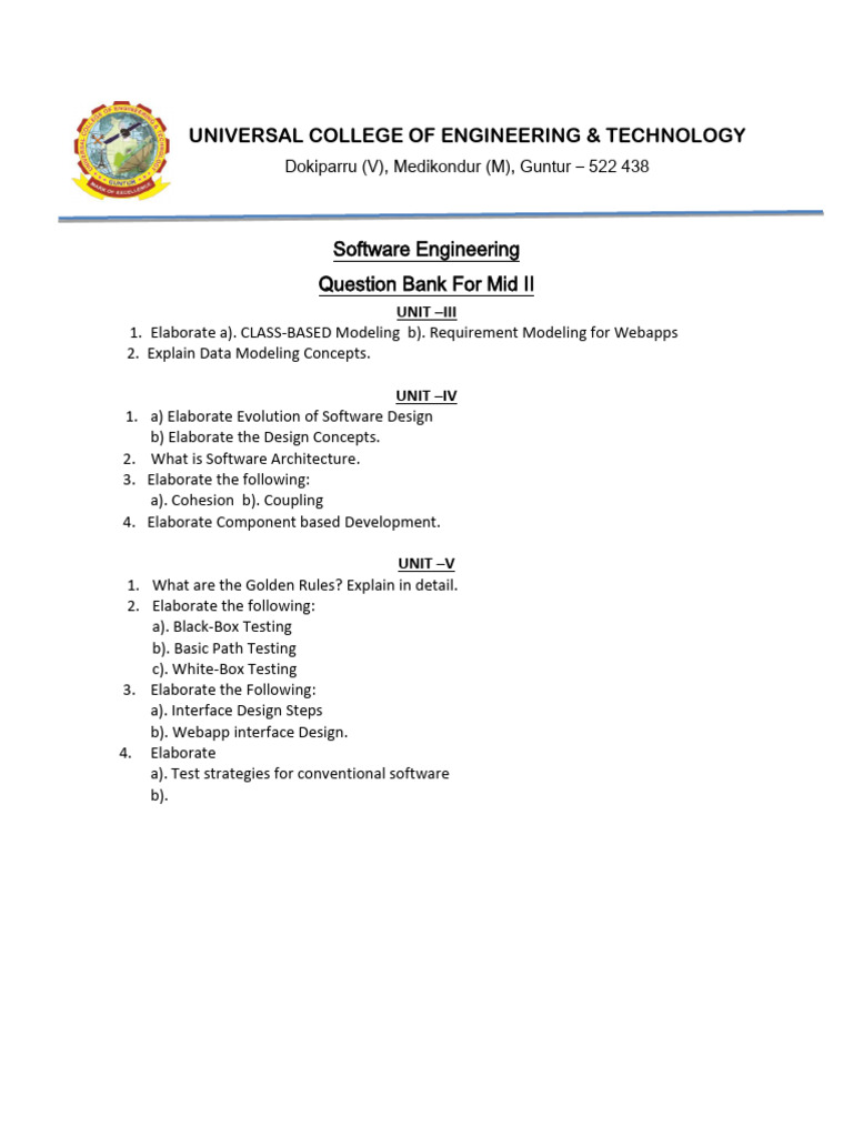 SoftwareEngineering MidII QuestionBank | PDF