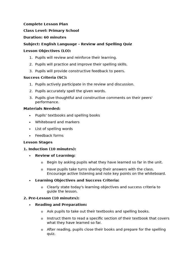 Complete Lesson Plan spelling | PDF | Lesson Plan | Learning
