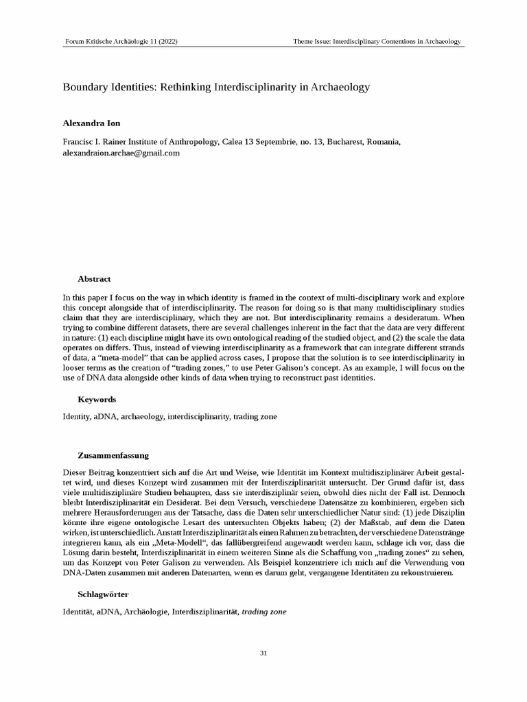 Ion A. - Boundary Identities. Rethinking Interdisciplinarity in ...