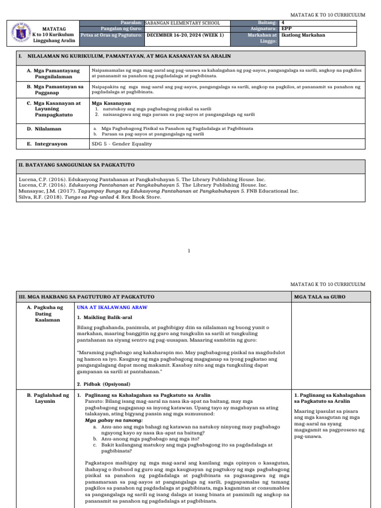 DLL Matatag - Epp 4 q3 w1 | PDF