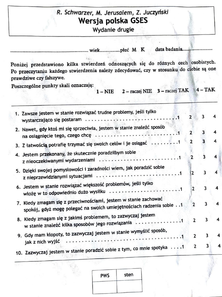 GSES - Kwestionariusz | PDF