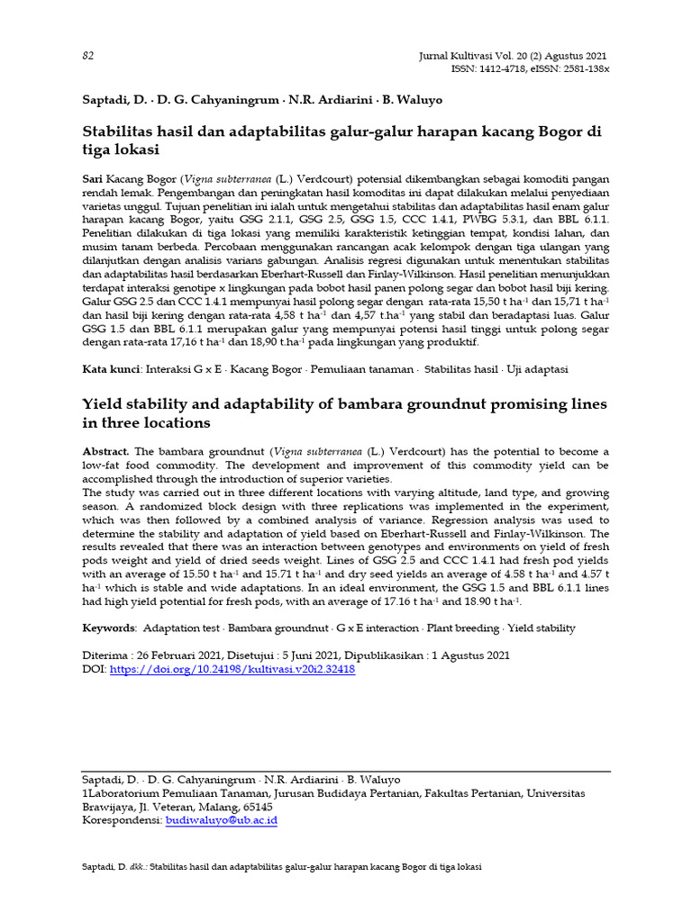 Stabilitas Hasil Dan Adaptabilitas Galur-Galur Har | PDF