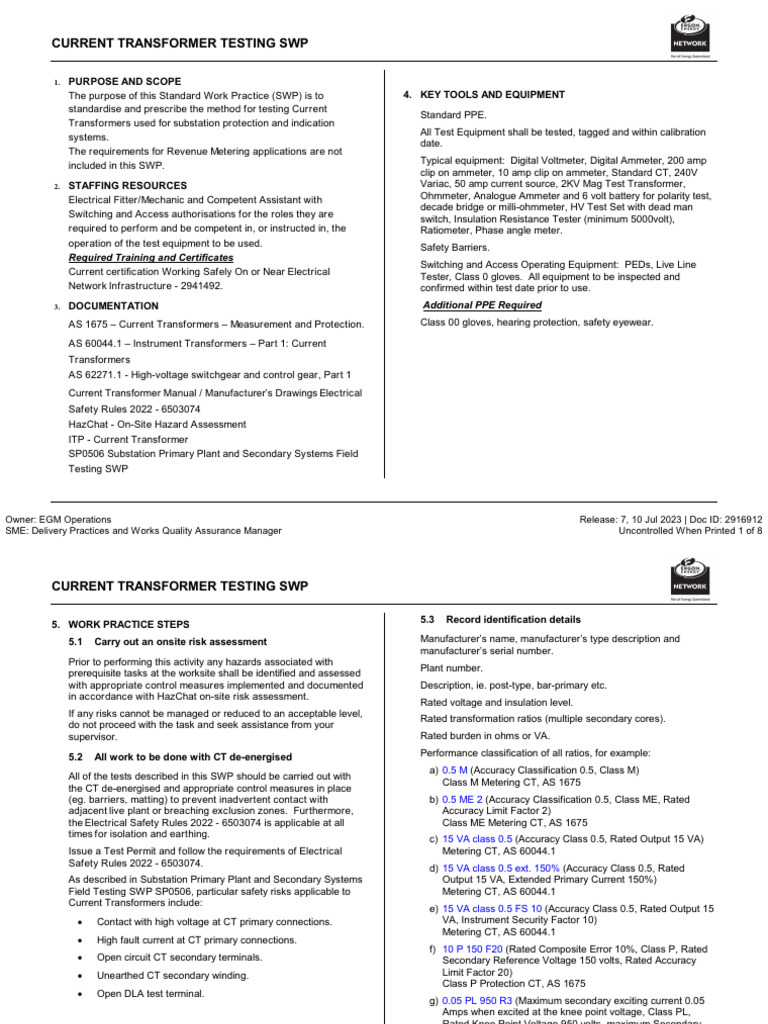 Current Transformer Testing Procedures | PDF | Transformer | Electrical ...