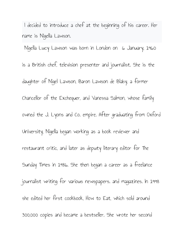 Nigella Lawson: Chef and Author Biography | PDF