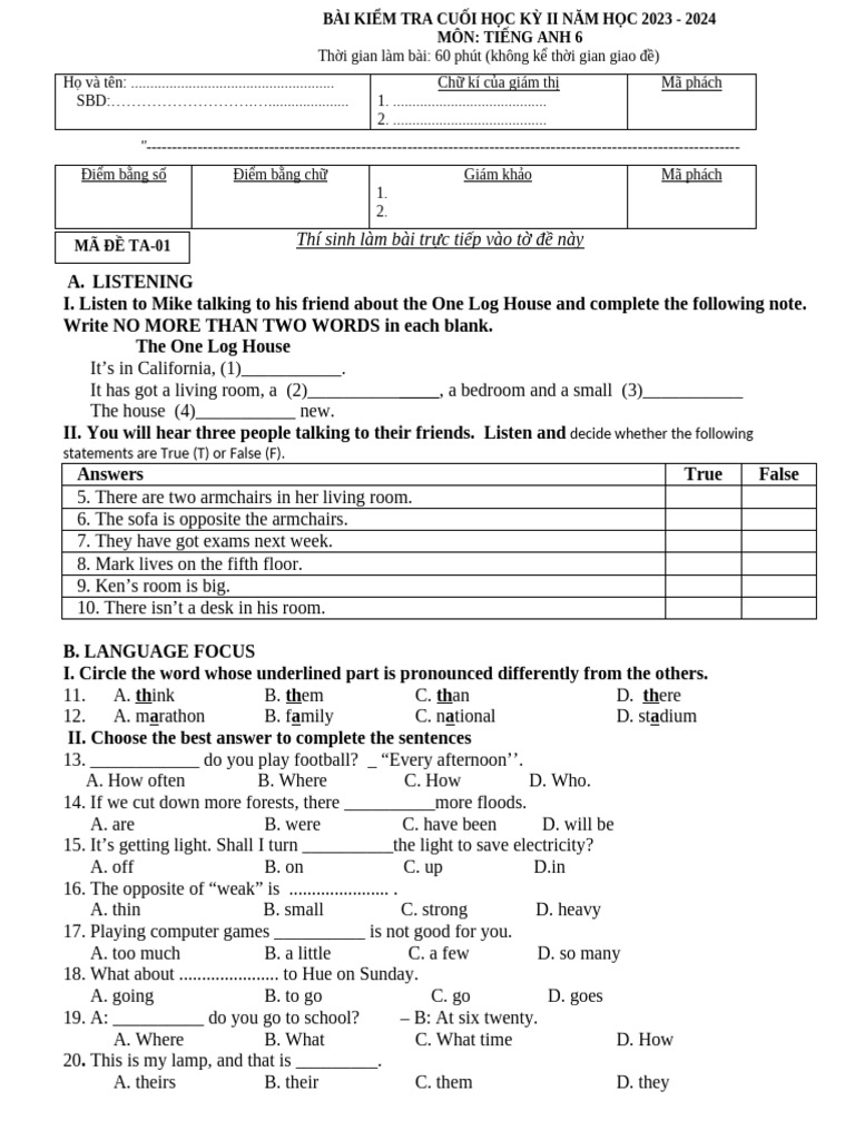 Tieng Anh 6 - Cuoi Hkii - 2023 2024 | PDF