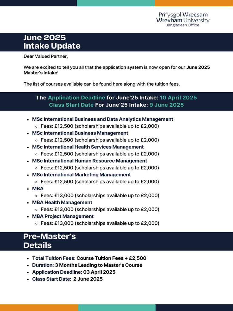 June Intake 2025 Wrexham University | PDF | Bangladesh | Master Of ...