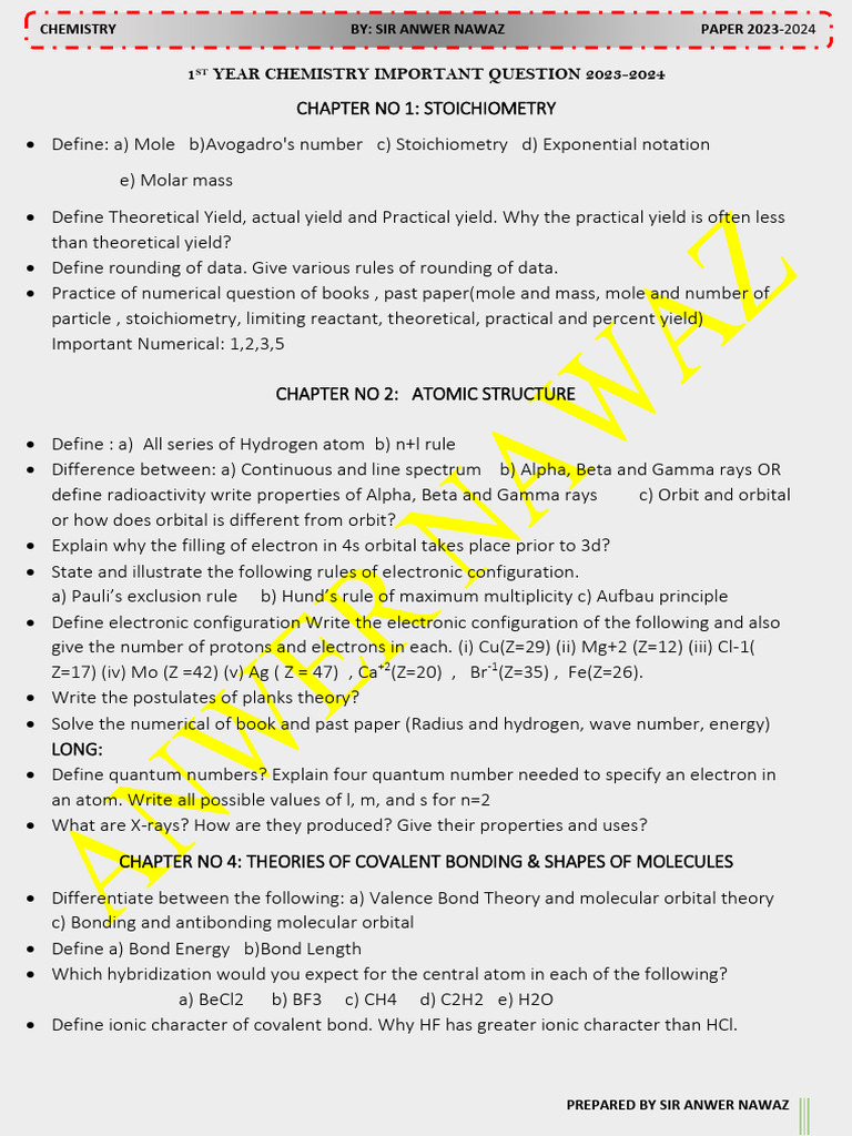 1st Year Chemistry Important Question 2023 | PDF | Chemical Bond ...