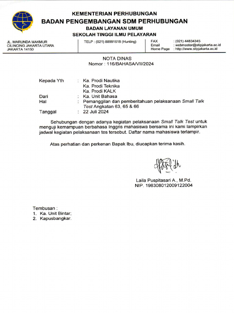 Nodin 116 Pemanggilan Dan Pemberitahuan Pelaksanaan Small Talk Angkatan 63, 65 & 66 | PDF