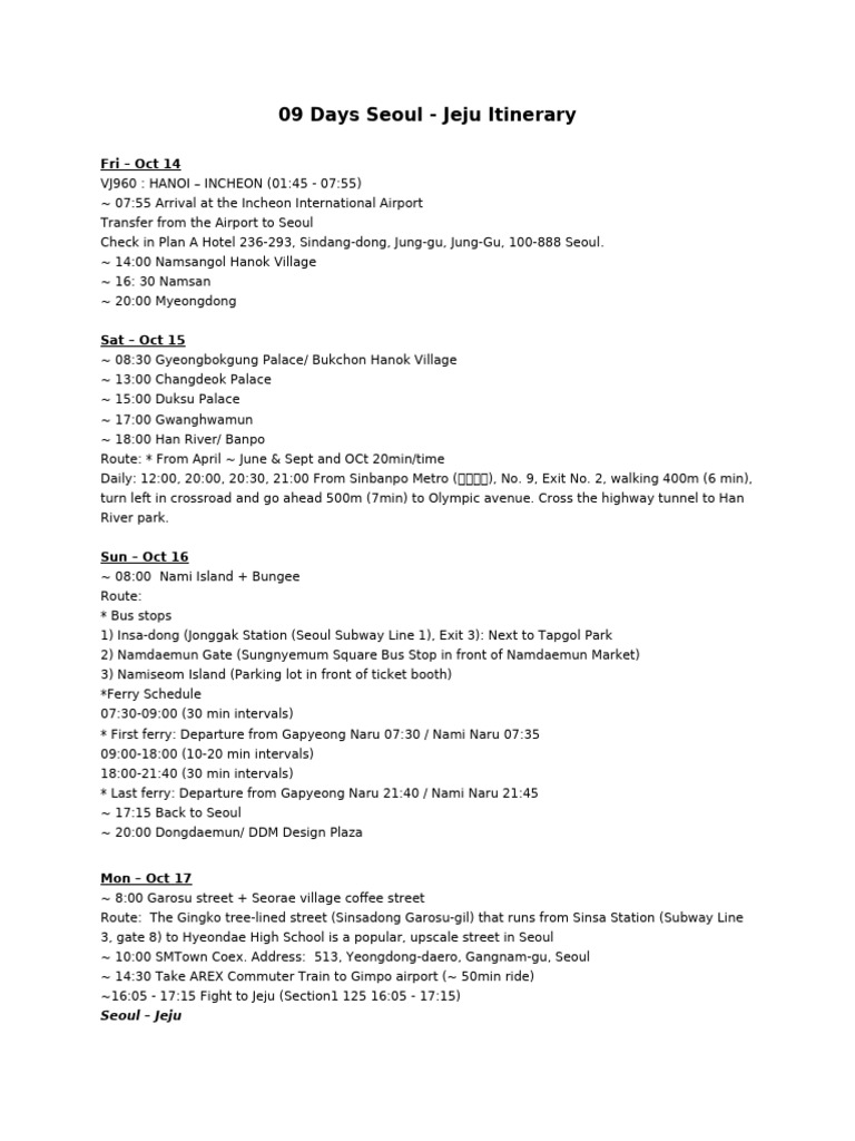 9 days schedule | PDF | Seoul | Land Transport