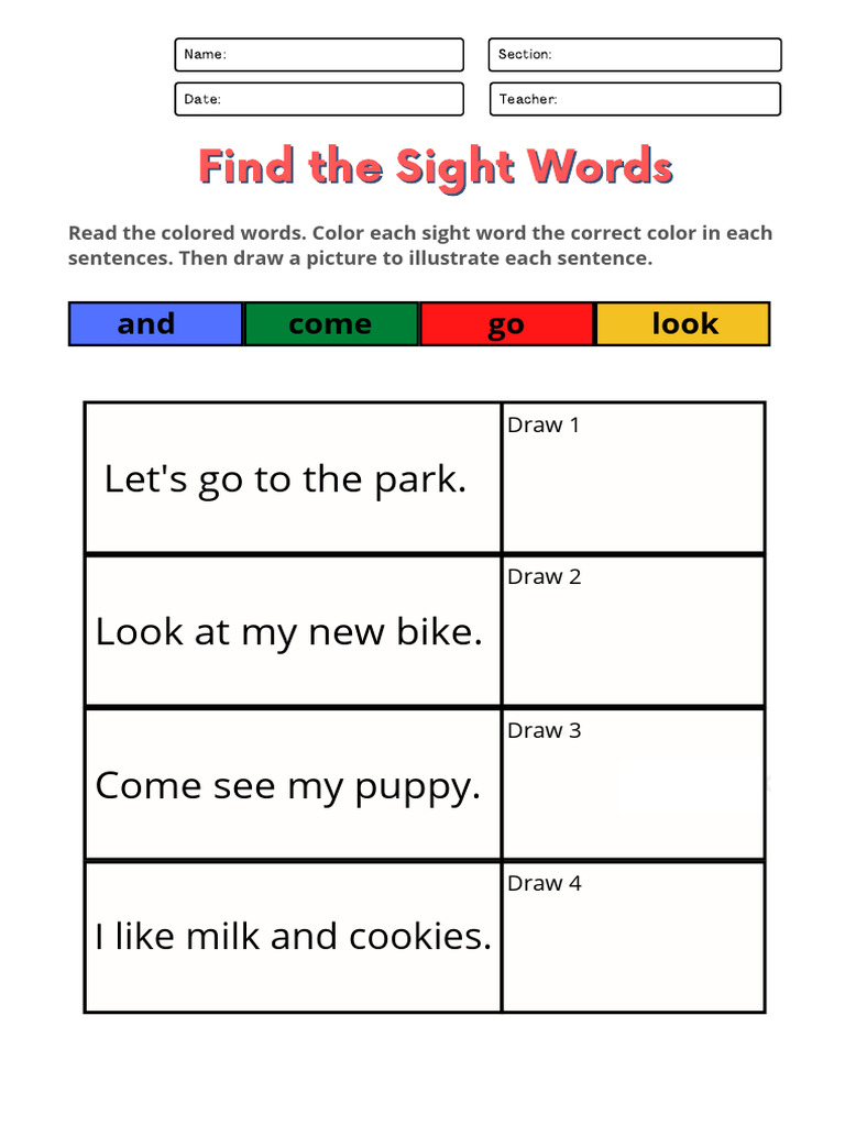 7 Color Amp Draw Words Kindergarten Practice Worksheet | PDF