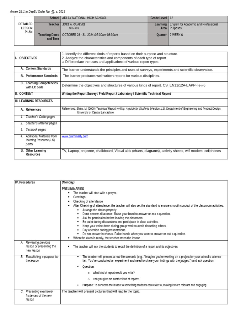 EAAP Lesson Plan-Kinds of Report | PDF | Teachers | Rubric (Academic)