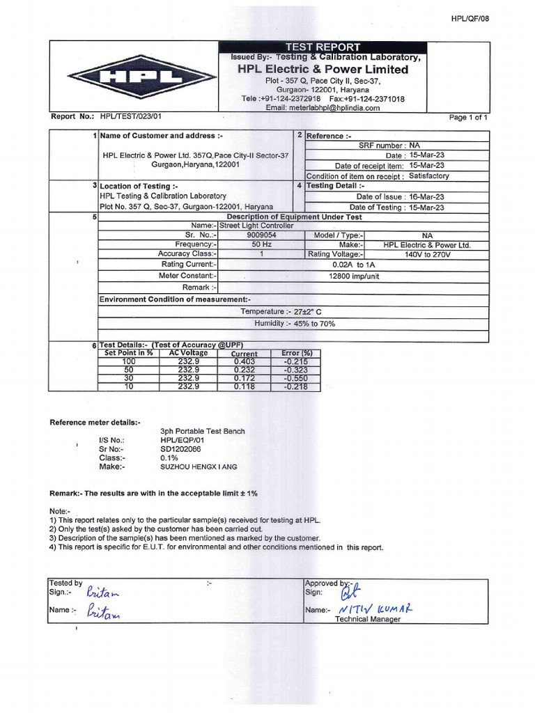 SLC Metering Test Report | PDF