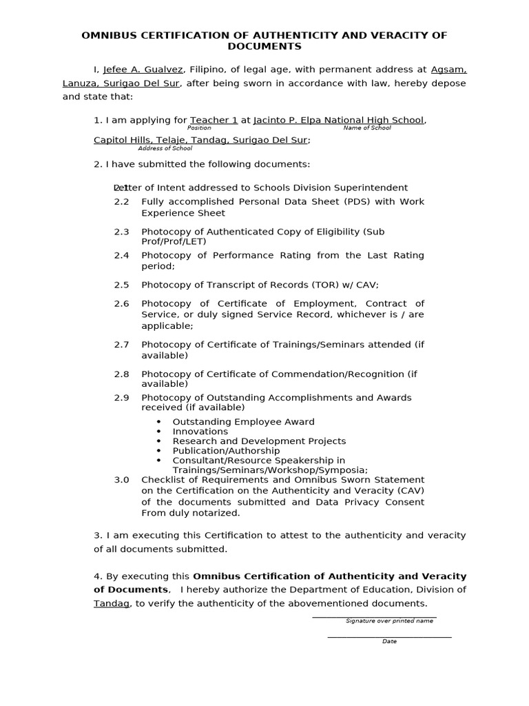 Omnibus Certification for Teacher Application | PDF | Document | Government