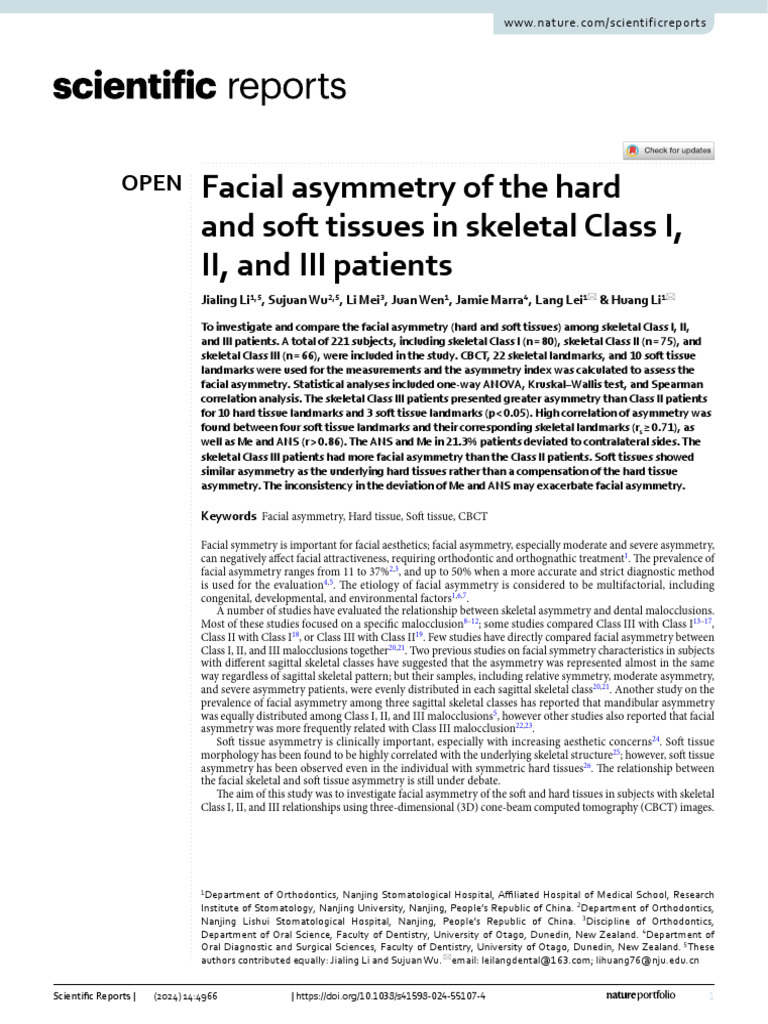 Facial Asymmetry in Skeletal Class I-III | PDF | Asymmetry | Dentistry