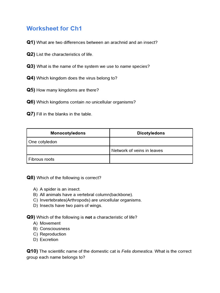 Worksheet For Chapter 1 of Biology IGCSE | PDF