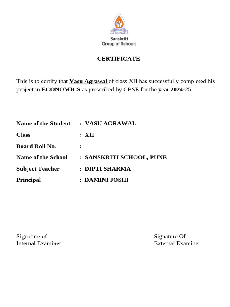 Vasu Agrawal's Economics Project Certificate | PDF