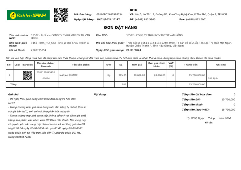BHX - HGI - CTA - Kho So Che Chau Thanh A-09166PO2401988754 - 19012024175126 | PDF