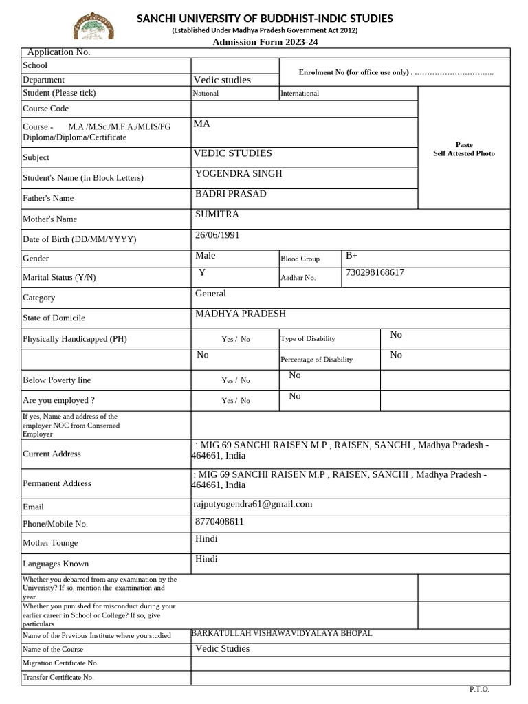 Admission Form 2023-24 | PDF