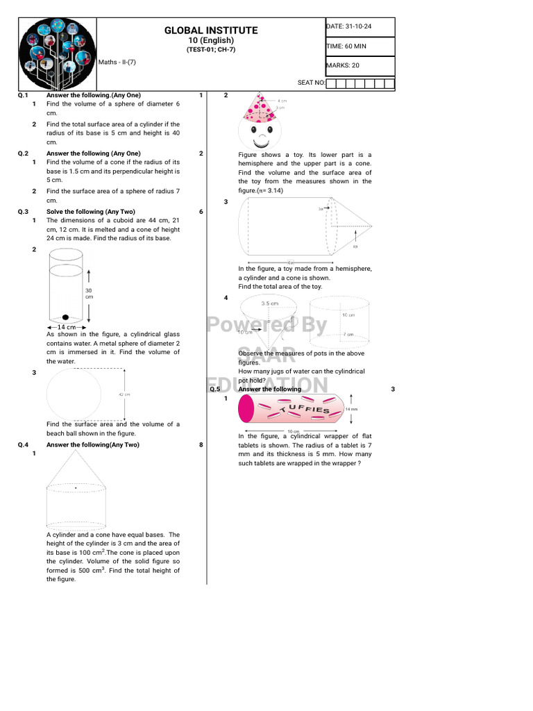 Question Paper (2) | PDF | Sphere | Area