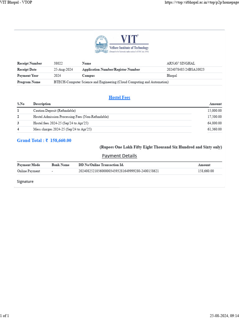 VIT Bhopal - VTOP HOSTEL | PDF