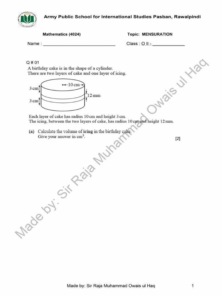 Worksheet Mensuration 1 Printable | PDF