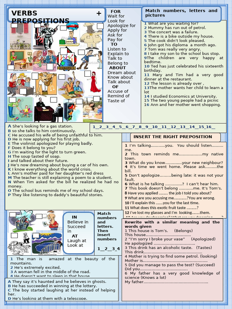 English Worksheet - Verbs + Prepositions | PDF