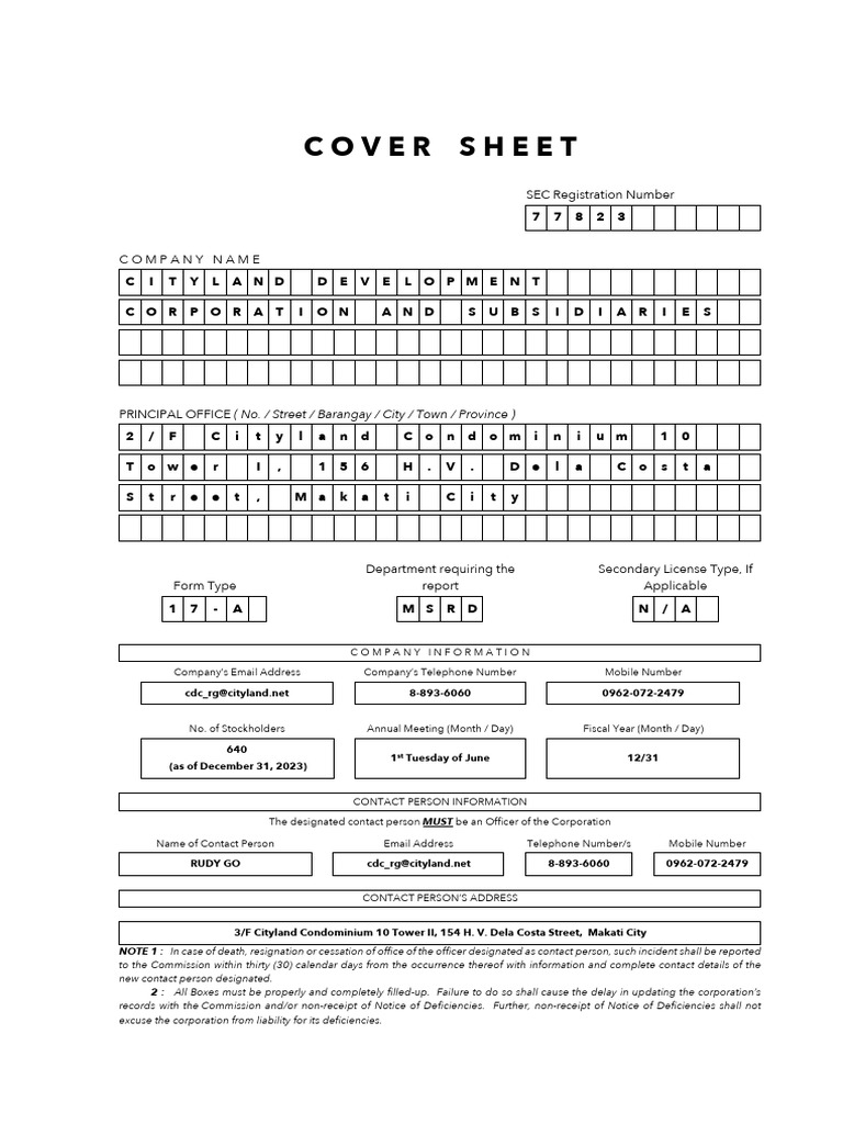 Cityland Development Corporation - SEC Form 17A For The Year 2023 ...