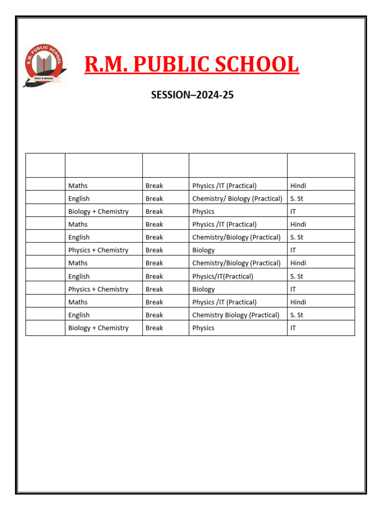 Time Table of Class 10th Core - 1 | PDF | Chemistry