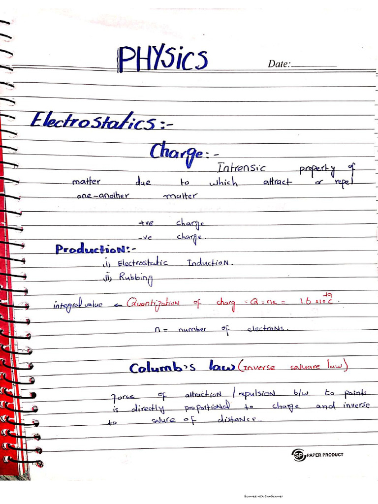 Electrostatic Notes Written by Wajid Sana | PDF