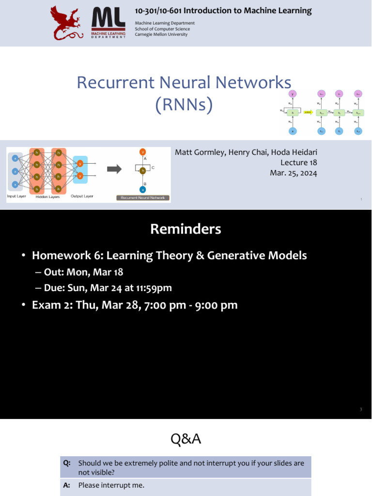 Recurrent Neural Networks (RNNS) : 10-301/10-601 Introduction To Machine Learning | PDF ...