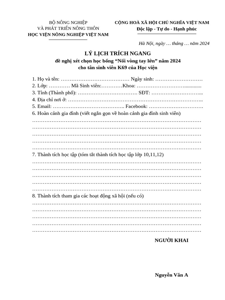 Mẫu 01_Ly lich trich ngang hoc bong NVTL 2024 | PDF