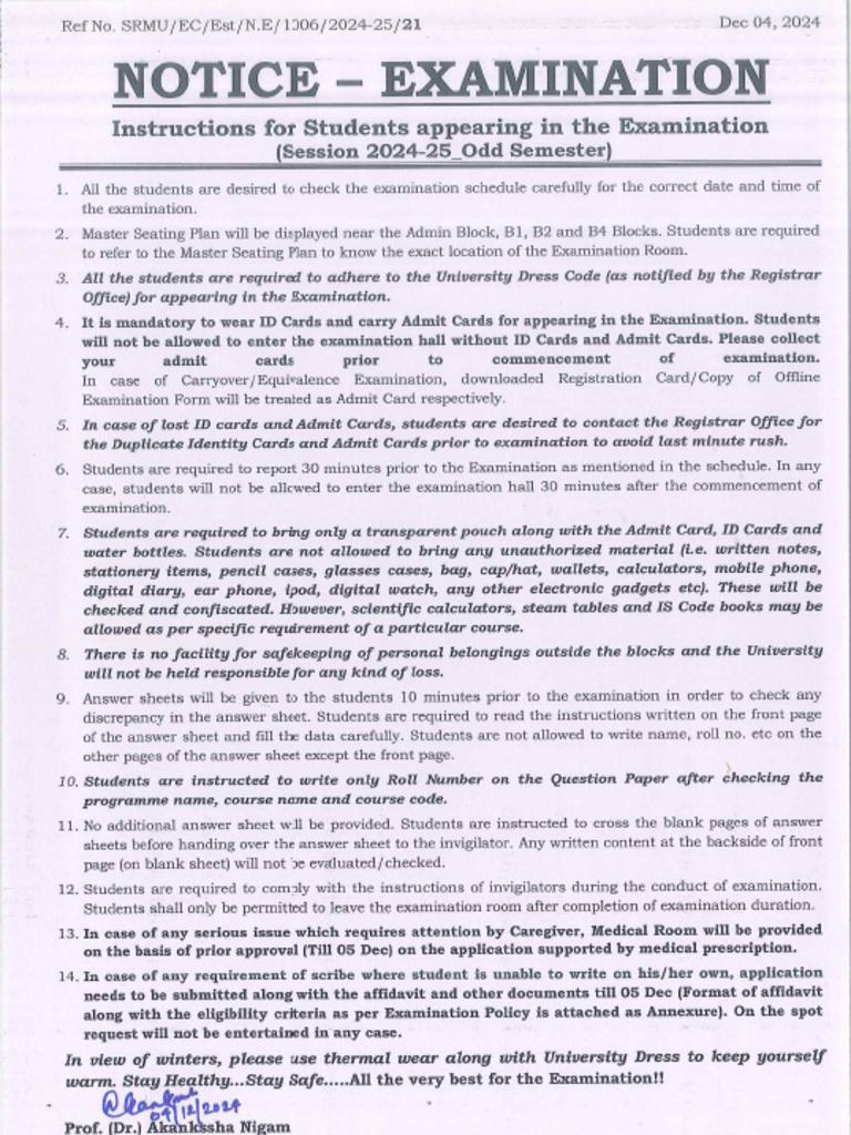 Notice 21 - Instructions For Students Appearing in The Examination (Session 2024-25 - Odd ...