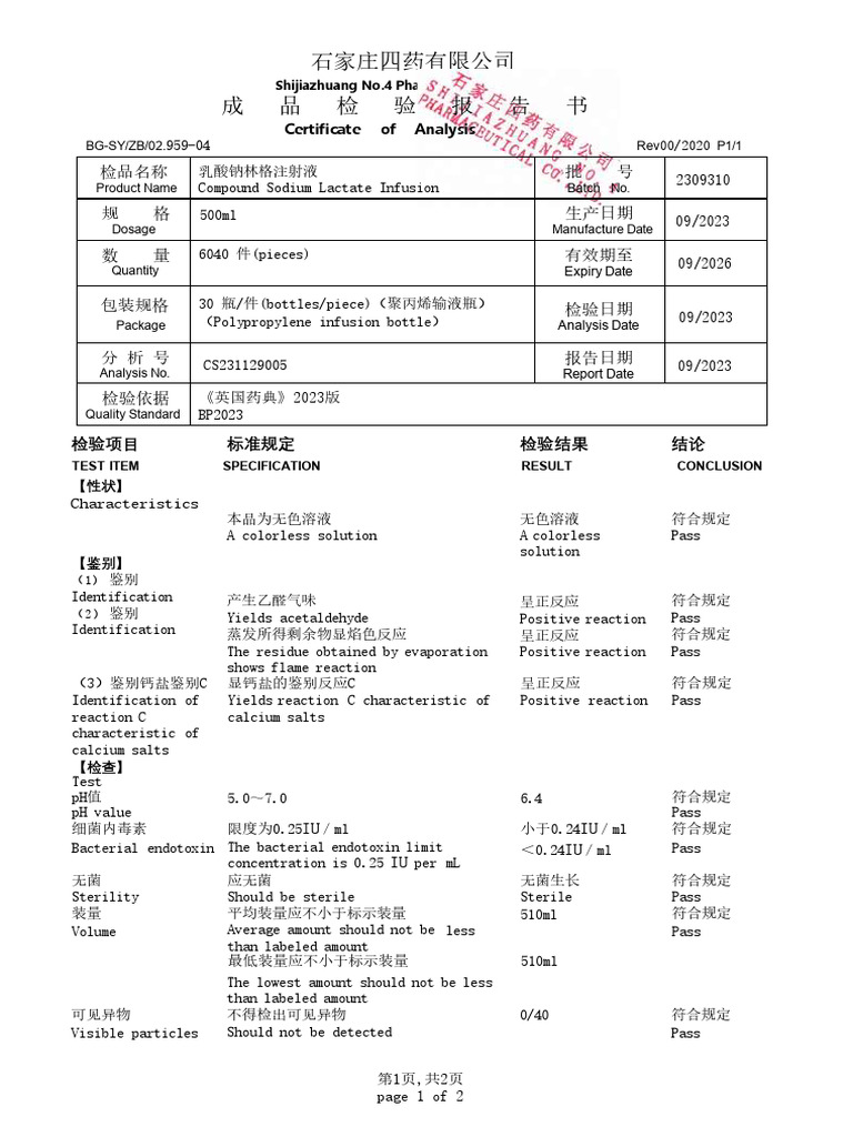 Coa Ringer Latate Injection 2309310 Bp2023 | PDF