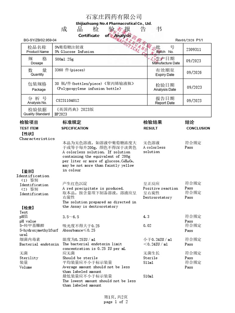 Coa 5%Glucose Injection 2309311-Bp2023 | PDF