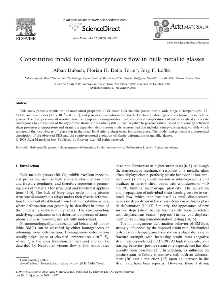 Constitutive Model For Inhomogeneous Flow in Bulk Metallic Glasses ...