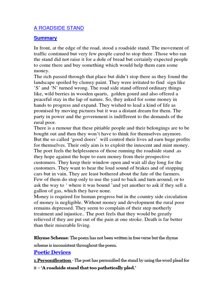 Summary of "A Roadside Stand" Poem | PDF | Poetry | Rhyme