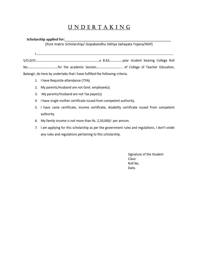 NSP Scholarship Undertaking Form | PDF
